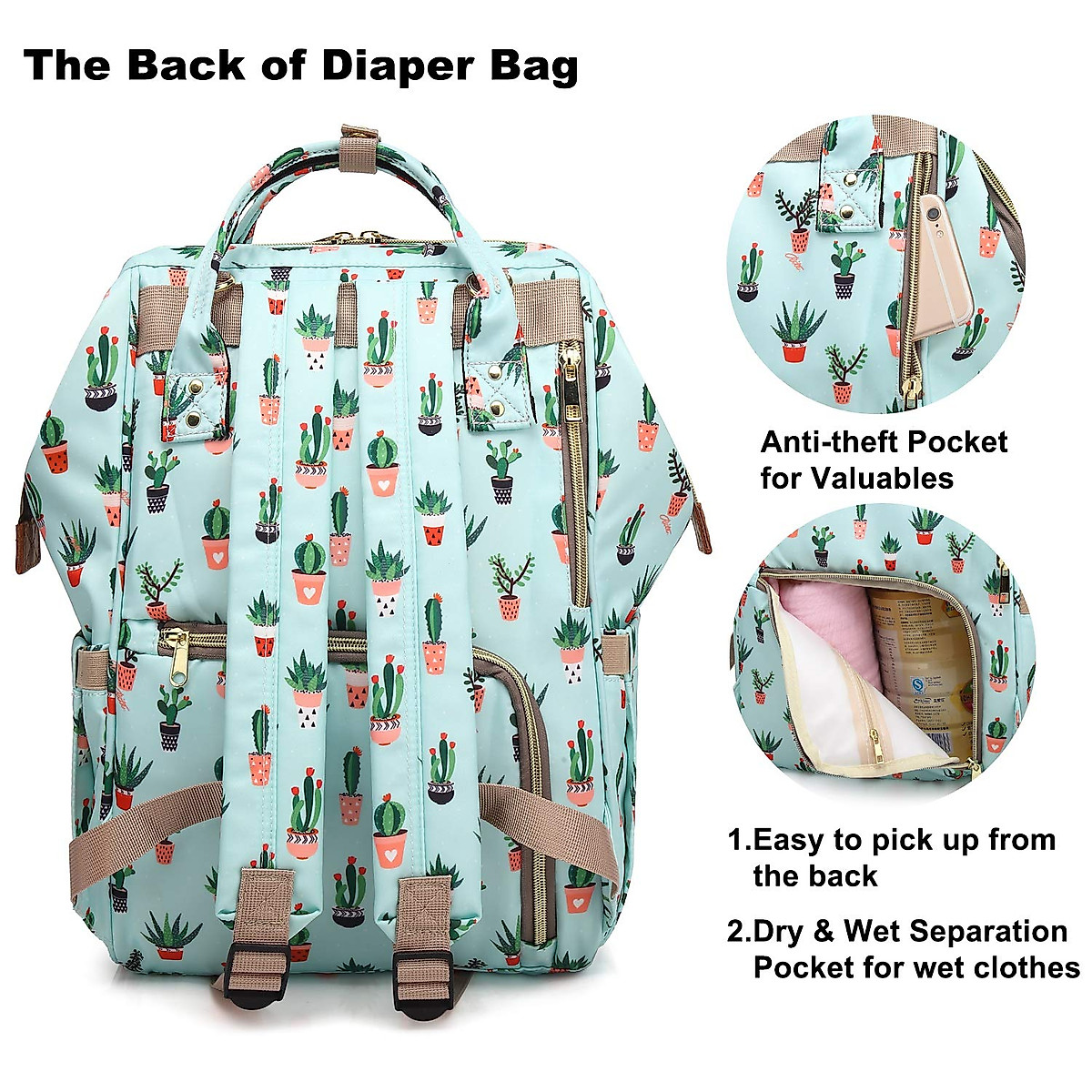 FEWOFJ Cactus Diaper Bag Backpack, Women Waterproof Travel Nappy Bag for Baby Care