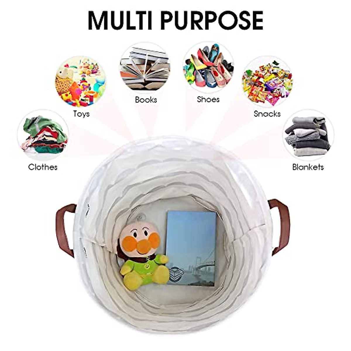 Laundry Basket, WasaFire 19.7 Inches Large Laundry Hamper Canvas Fabric Collapsible Laundry Baskets with Handles Dirty Clothes Storage Bin Toy Organizer for Bathroom, Children Bedroom (White grid)