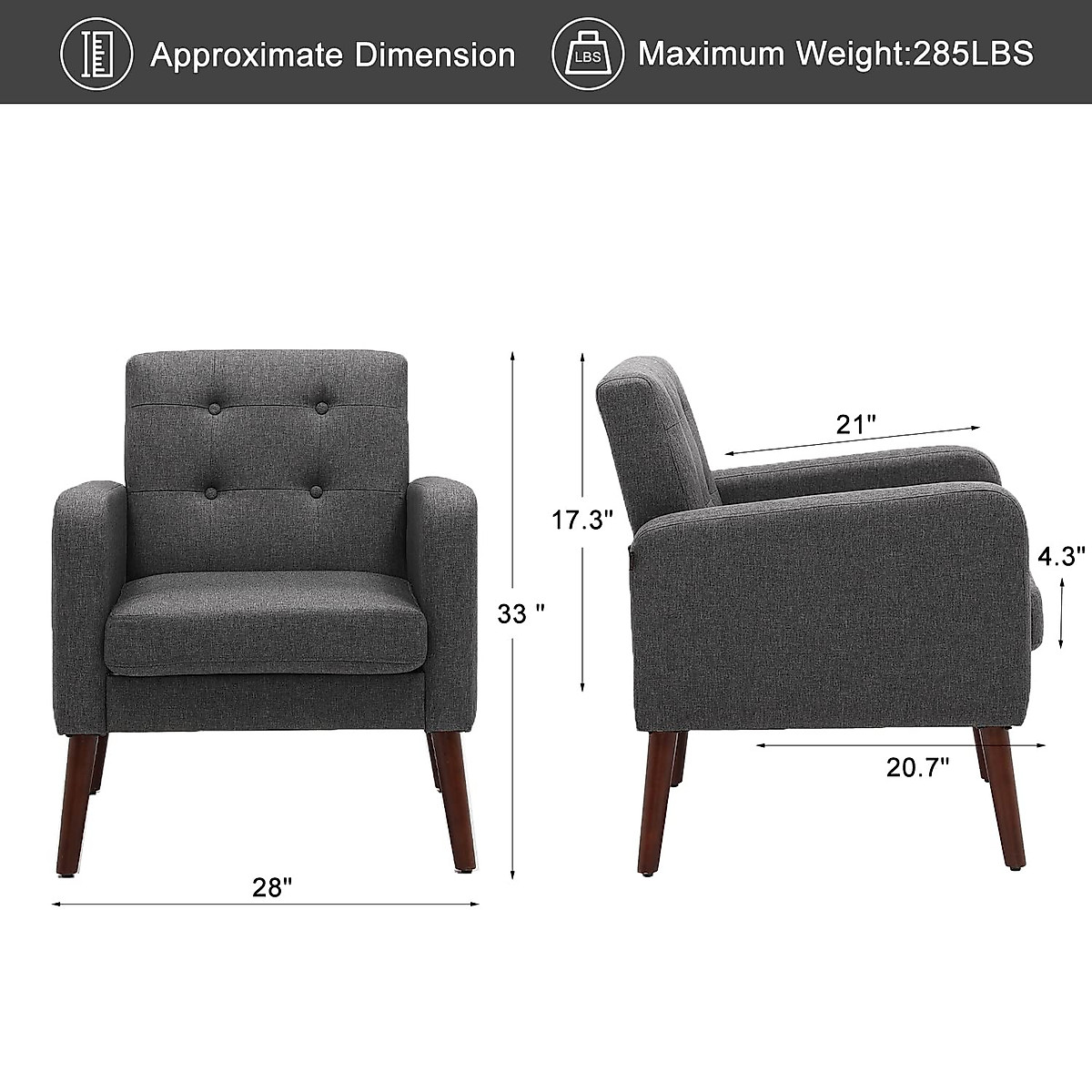Furniliving Mid Century Modern Arm Chair, Button-Tufted Upholstered Accent Chairs for Bedrooms Living Room Chair with Solid Wood Legs Linen Fabric Comfy Lounge Chair, Dark Grey