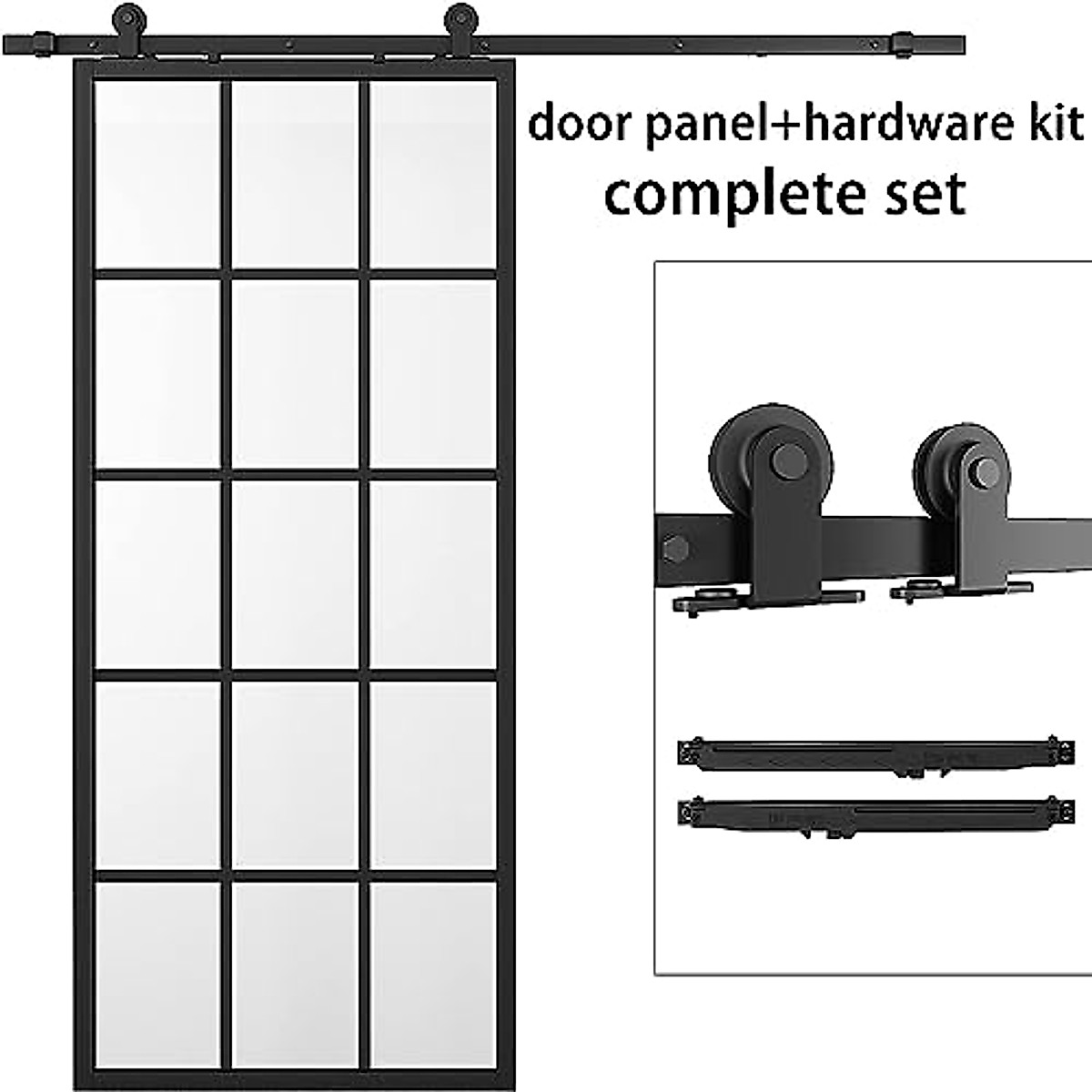 BARNSMITH 36in x 84in Frosted Glass Barn Door with 6.6FT Top Mounted Hardware kit Soft Close Mechanism DIY 15 Lites Tempered Modern Aluminum Sliding Glass Door Disassembled Easy Installation