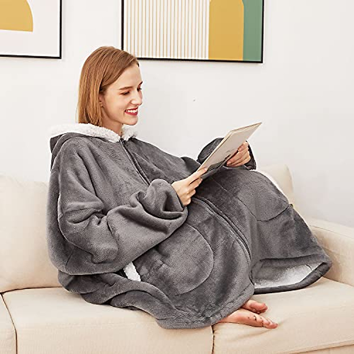 FAYBOX Wearable Blanket Hoodie with Zip for Women Men, Fuzzy Warm Sherpa Comfy Oversized Hoodie Blanket Plush Sweatshirt with Giant Pocket One Size Fits All-Dark Grey