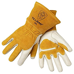 John Tillman Medium 14"" Gold and Pearl Top Grain Split Back Cowhide Fleece Lined MIG Welders Gloves with 4"" Cuff and Kevlar Thread Locking Stitch (Carded)" (50 M)