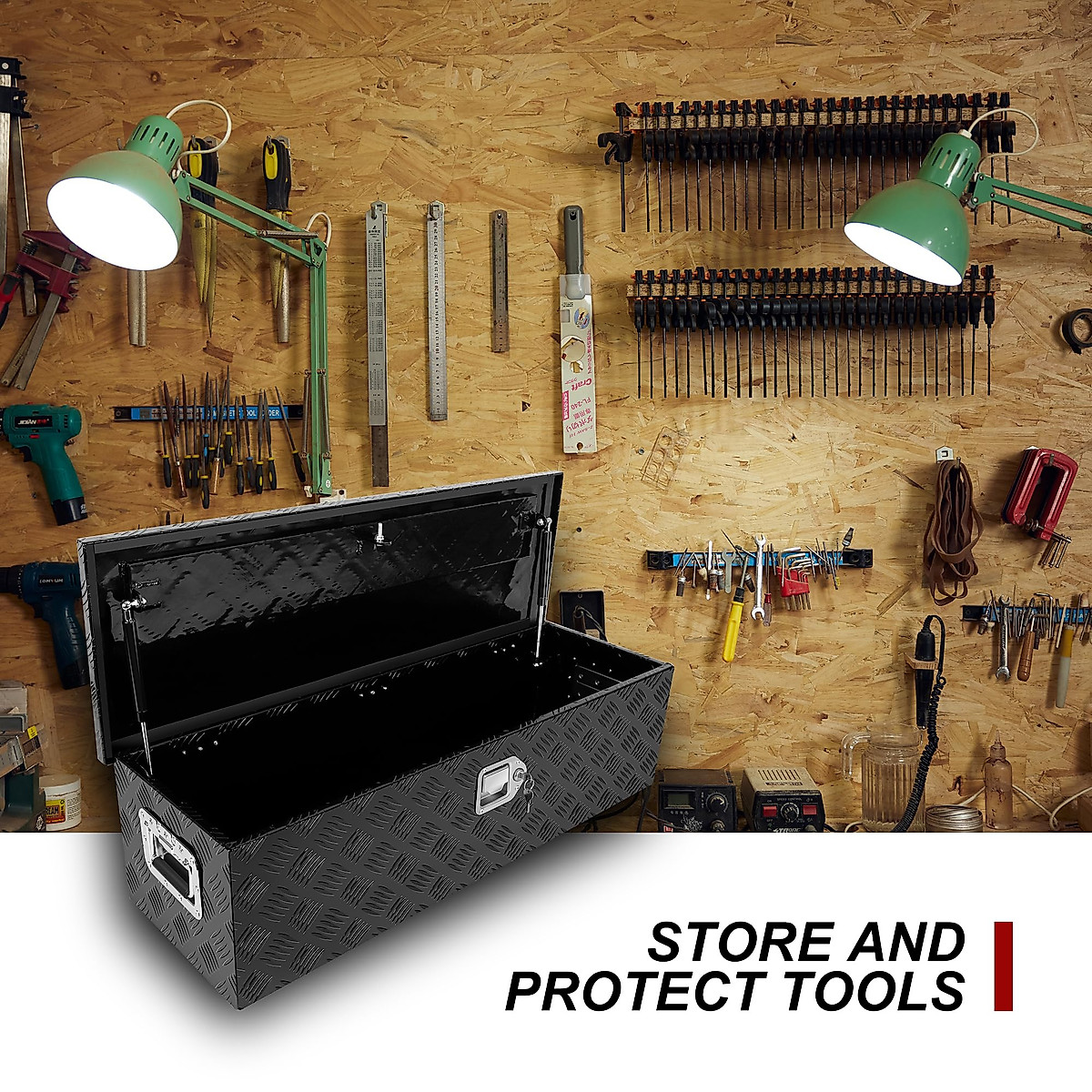 confote 39 Inch Heavy Duty Aluminum Stripes Plated Tool Box Pick Up Truck Bed RV Trailer Toolbox Waterproof Square Storage Organizer with Side Handle, Lock and Keys -39"x 13"x 10"，Black