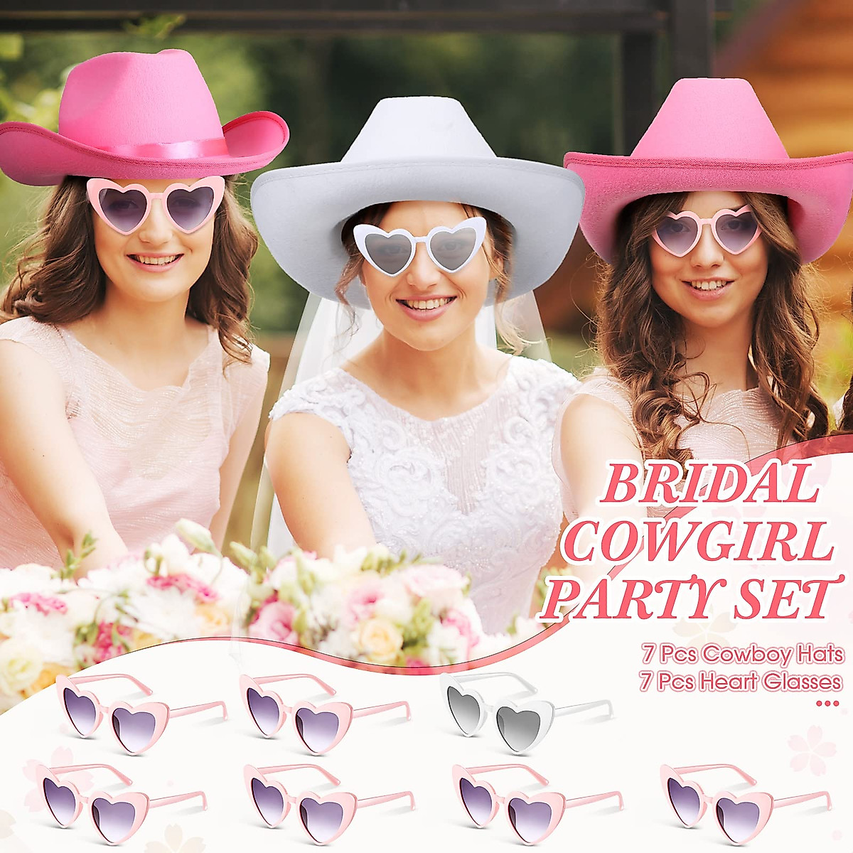 Unittype 14 Pcs Bridal Cowgirl Party Set Heart Glasses Bride Cowboy Hats for Bachelorette Party Bridal Wedding Shower (Pink, White)