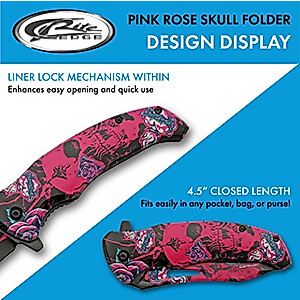 SZCO Supplies 8.5” Pink Rose Skull Liner Lock EDC Folding Knife With Pocket Clip