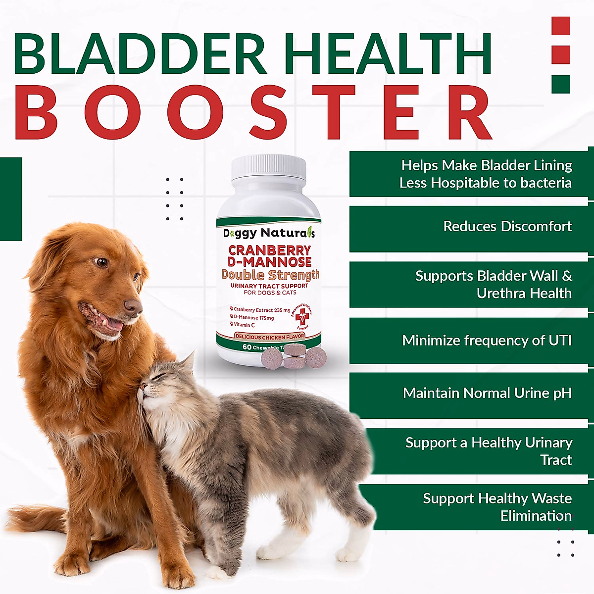 Cranberry D-Mannose for Dogs and Cats Urinary Tract Infection Support Prevents and Eliminates UTI, Bladder Infection Kidney Support, Antioxidant (Double Strength Tablet, 60 Count)