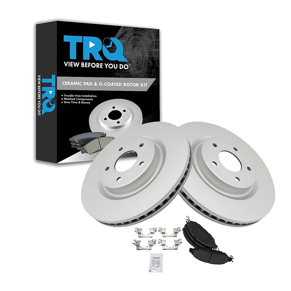 TRQ Front Brake Pad & Rotor Kit Brake Pads Brake Rotor Ceramic Vented Premium G-Coated Compatible with 2013 INFINITI JX35 2014-2020 QX60 2015-2021 Nissan Murano 2013-2020 Pathfinder
