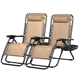 Nazhura Set of 2 Relaxing Recliners Patio Chairs Adjustable Steel Mesh Zero Gravity Lounge Chair Beach Chairs with Pillow and Cup Holder Khaki (Kahki)