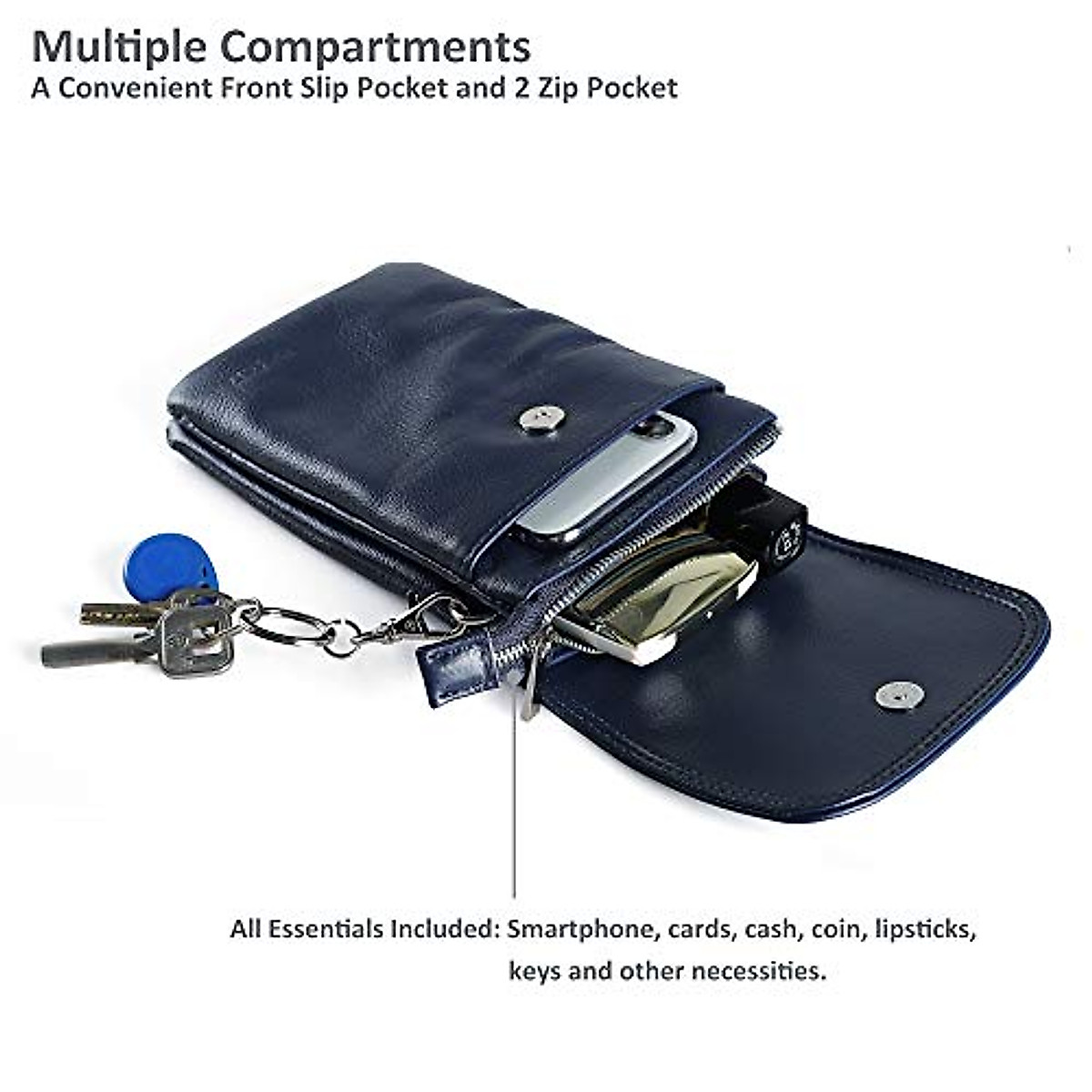 befen Cell Phone Crossbody Wallet Purse, Women Small Leather Crossbody Bag - Fit iPhone Xs Max (Navy Blue)