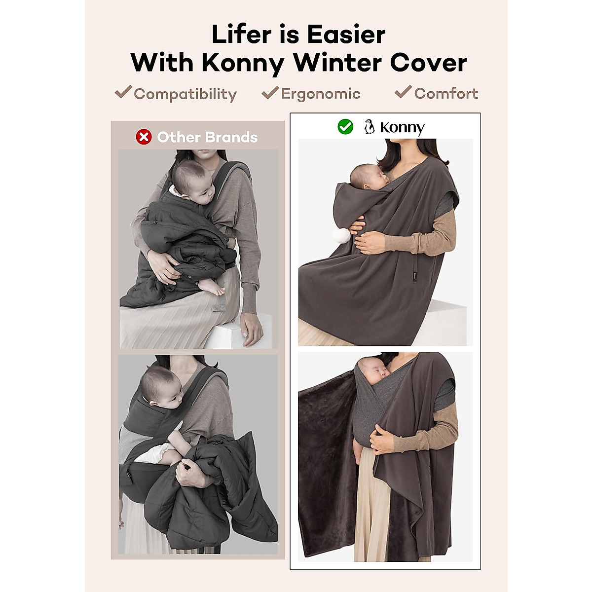 Konny Baby Carrier Winter Cover, Maternity Baby Carrier Hoodie, Women's Fleece Jacket, Maternity Coat, Nursing Hoodie Vest (Charcoal, Free Size)