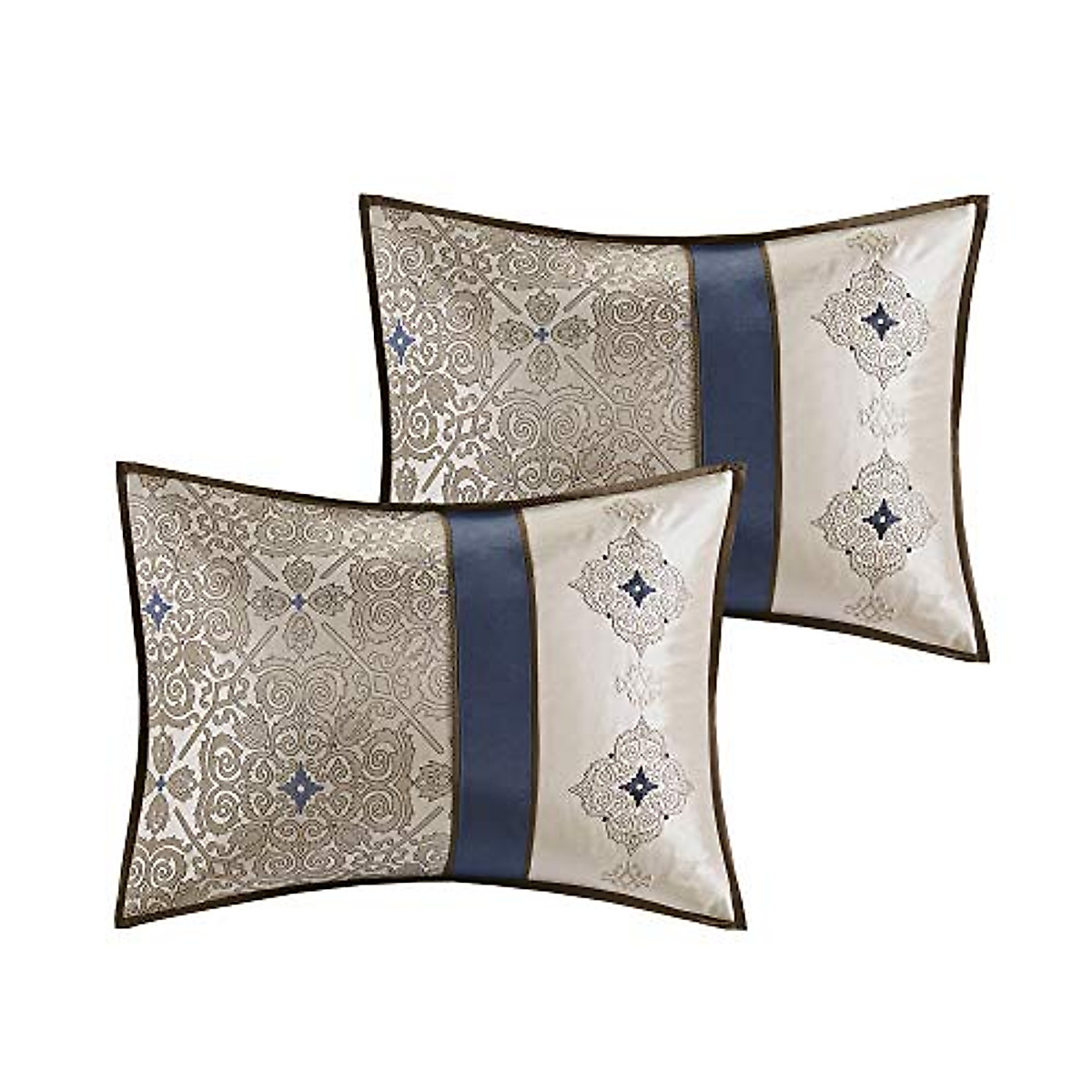 Madison Park Essentials Delaney 24-Piece Room In A Bag Comforter Set-Satin Jacquard All Season Luxury Bedding, Sheets, decorative pillows and Curtains, Valance, Queen (90 in x 90 in), Medallion Navy