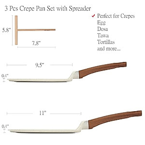 ESLITE LIFE Crepe Pan with Spreader, Nonstick Ceramic Coating Flat Skillet Tawa Dosa Tortilla Pan, PFOA Free (White, 3 Pcs Set:9.5"+11" w/spreader)