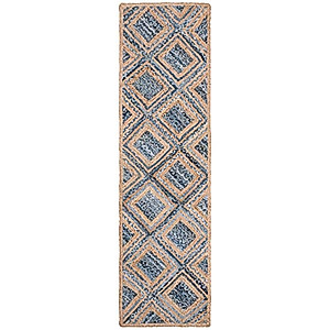 SAFAVIEH Cape Cod Collection 2'3" x 10' Natural / Blue CAP354A Handmade Flatweave Diamond Braided Jute & Denim Runner Rug