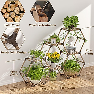 Tikea Plant Stand Indoor Outdoor Hexagonal Plant Stand for Multiple Plants Indoor Large Wooden Plant Shelf 7 Tiered Creative DIY Flowers Stand Rack for Living Room Balcony Patio Window