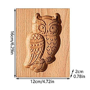 Wooden Animal Cookie Molds, Press Type Cookie Cutter With 3D Squirrel, Owl, Seahorse, Rooster, Rooster,Bird, Fish Design, Wood Biscuit Molds With Good Wishes for Baking (Owl)