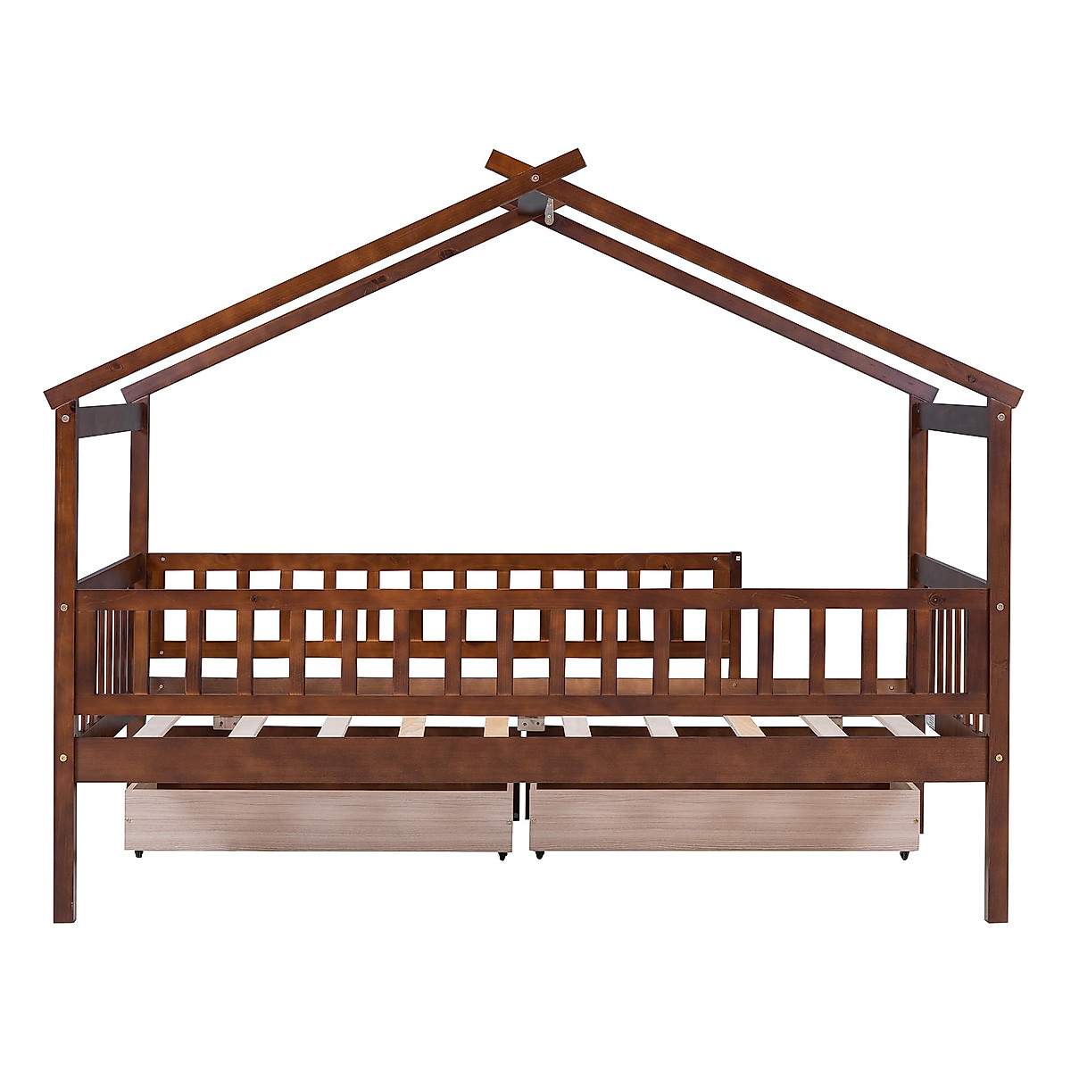 Harper & Bright Designs Twin Size House Bed for Kids, Wooden Twin Bed Frame with 2 Storage Drawers, Twin Montessori Bed with Roof & Rails Design for Girls Boys, Walnut