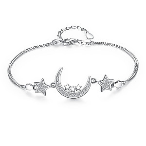 EVER FAITH 925 Sterling Silver CZ Bling Moon and Stars Bracelet Double Chain Clear