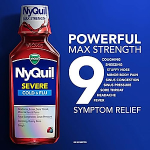Vicks NyQuil SEVERE Cold and Flu Relief Liquid Berry Flavored Medicine, Maximum Strength, 9-Symptom Nighttime Relief For Fever, Sore Throat, Nasal Congestion, Sinus Pressure, Sneezing, Cough, 12 FL OZ