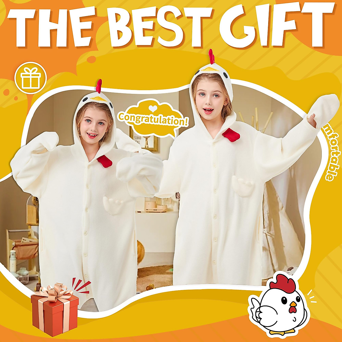 CANASOUR Animal Onesie Kids Halloween Costumes Anime Cosplay Green Animal One Piece Pajamas Unisex 4-12 Years (Chicken White, 10-12 Years)