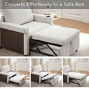 ONBRILL Convertible Sleeper Chair, 3-in-1 Pull Out Sofa Bed Couch with Adjustable Backrest, Chenille Sleeper Sofa Chair Bed with Hidden Table & 2 Charging Ports, White Small Couches for Living Room