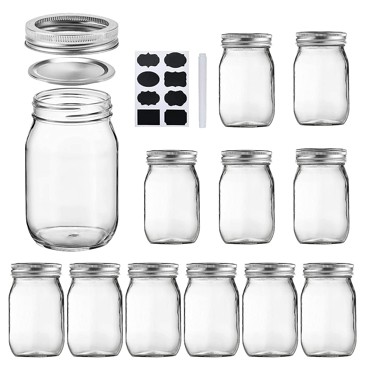 Accguan Mason Jars 16 oz With Regular Lids and Bands, Ideal for Jam, Honey, Wedding Favors, Shower Favors, DIY Magnetic Spice Jars, 12 PACK, 16 Labels Included