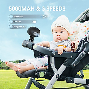 Portable Handheld Stroller Fan, 5000mAh Battery Operated Powered Fan, 3 Speeds Mini USB Rechargeable Fan, Clip on Fan with Flexible Tripod, Personal Baby Fan for Stroller and Car Seat (Black)