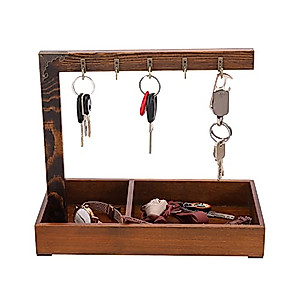 Entryway Hanging Key Holder with 5 Hooks for Desk Tabletop,Solid Wood Jewelry Storage Tray,Home Decorative Key Rack Organizer,L11.8''*W5.9''*H9.8’’, Black Walnut