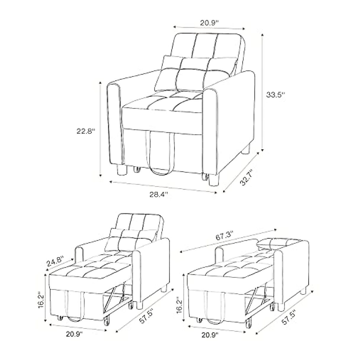 Sleeper Chair Bed, 3-in-1 Convertible Chair Bed, Adjustable Recliner Sofa Bed with Pillow, Multi-Functional Folding Sleeper Chair Bed, Single Bed Chair with Modern Linen Fabric for Apartment, Gray