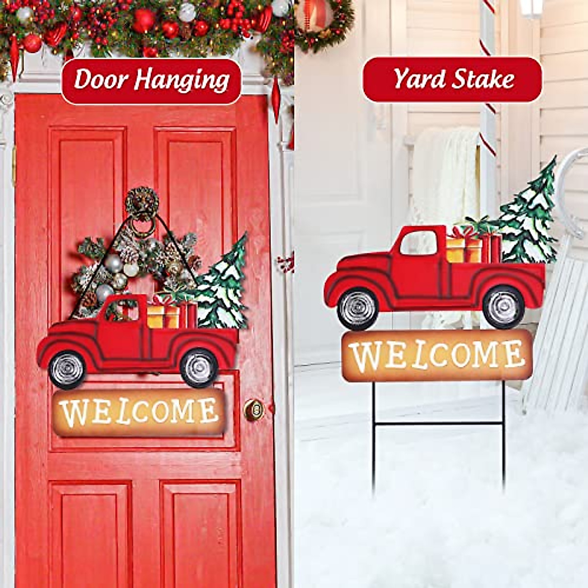 Whaline 4th of July Metal Yard Stakes Patriotic Yard Sign Spring Welcome Garden Stake Interchangeable Red Truck Garden Decor Set with Seasonal Sign Loads for Spring Fall Halloween Christmas, Set of 9