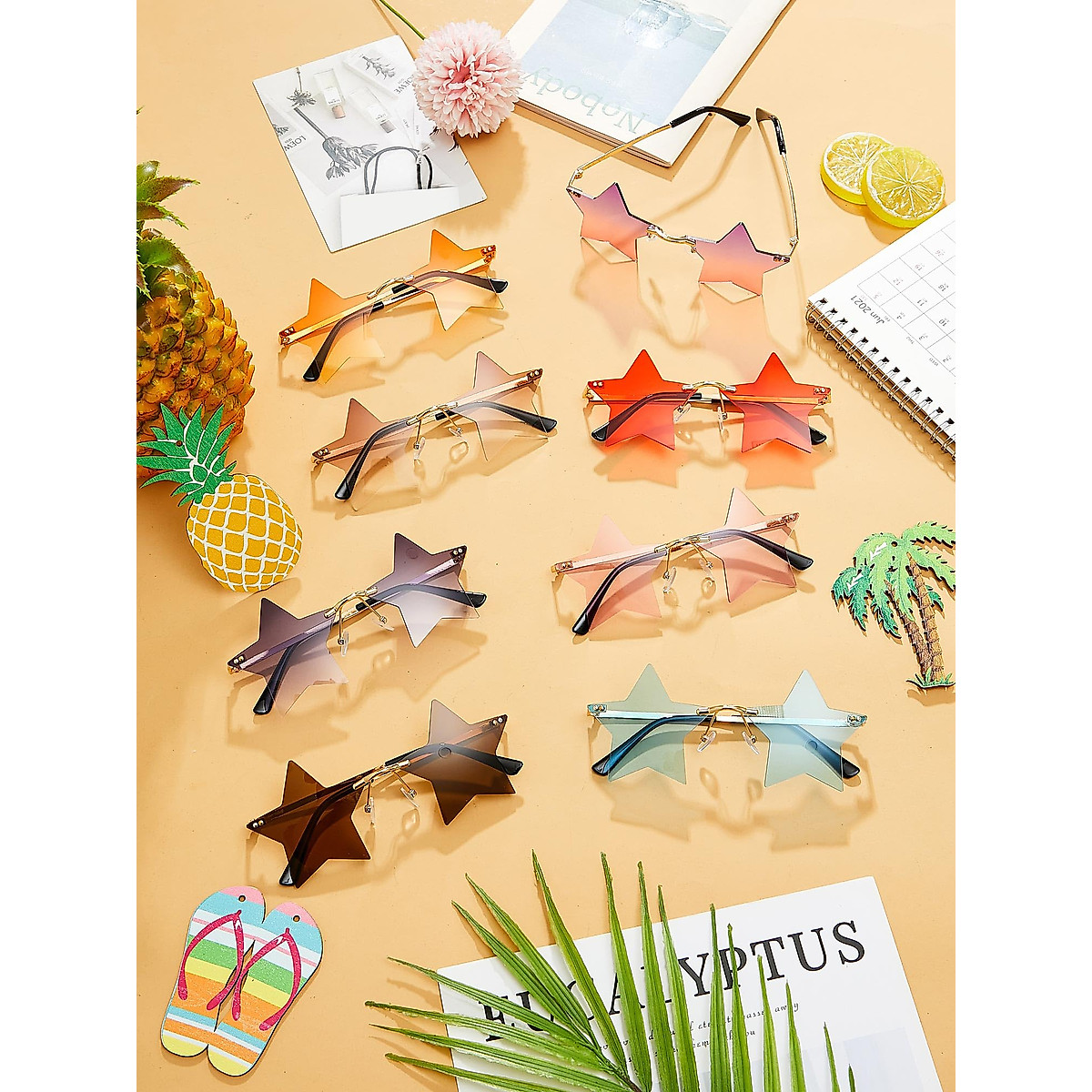 Dunzy 15 Pairs Rimless Star Shape Sunglasses Transparent Sun Glasses Star Sunglasses Pentagram Y2k Glasses Colored Sunglasses Cute Party Eyewear for Women Men