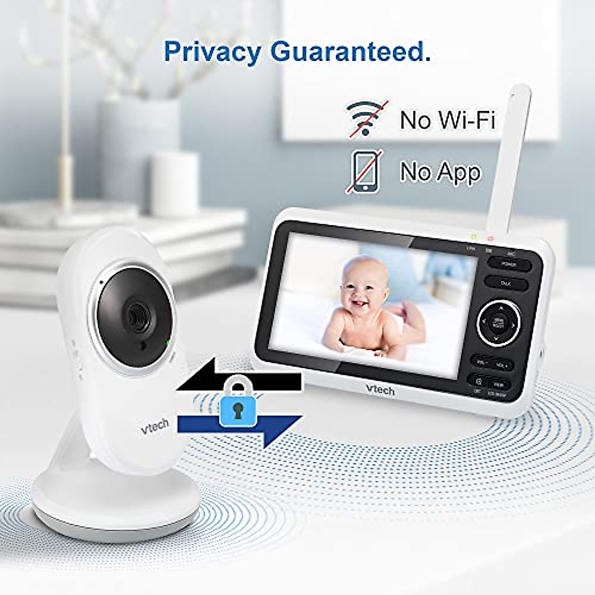 VTech VM350 Video Monitor with Battery Supports 12-hr Video-Mode, 21-hr Audio-Mode, 5" Screen, 1000ft Long Range, Bright Night Vision, 2-Way Talk, Auto-on Screen, Lullabies