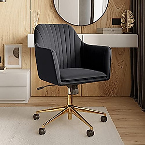 BELLEZE Modern Upholstered Velvet Desk Chair with Swivel Wheels and Adjustable Height, Decorative Rolling Office or Vanity Armchair, Stylish Comfy - Alayah (Black - Gold)