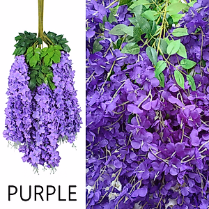 12pcs Artificial Wisteria Flowers 3.6 Feet/Piece Purple Dense Artificial Fake Wisteria Vine Ratta Hanging Garland Silk Flowers String Home Party Wedding Decor（Purple-Dense）