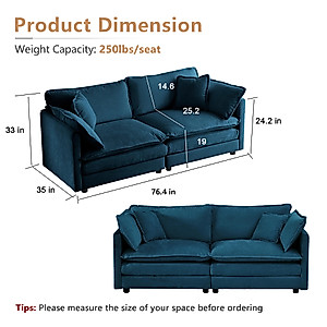 mikibama Luxury 2 Piece Sofa Set, 2 Pieces of Loveseat Sofa, Modern Chenille Comfy Cloud Couches Set for Living Room Office with 4 Armrest Pillows and 4 Toss Pillows, Blue