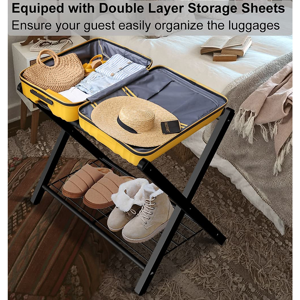 Fandature Folding Luggage Rack for Guest Room, Metal Foldable Suitcase Stand Holder with Metal Shelf for Bedroom, Black, 1 pack