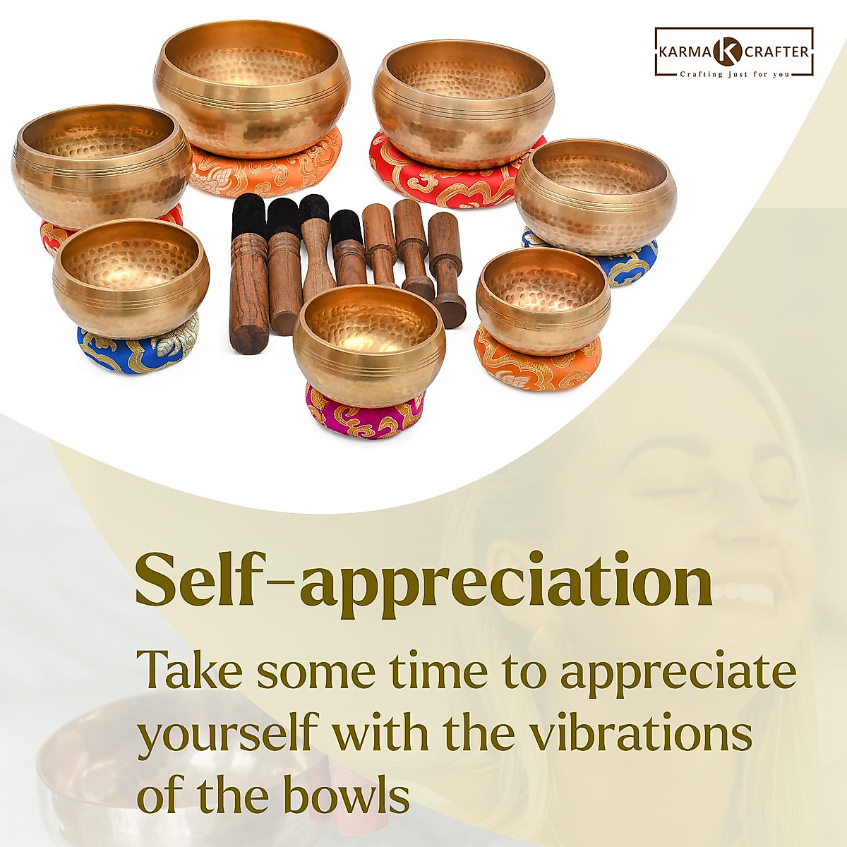 Karma Crafter Tibetan Singing Bowl Set Handcrafted in Nepal - 7 Chakra Bowl for Sound Bath, Meditation, Yoga, Mindfulness and Healing