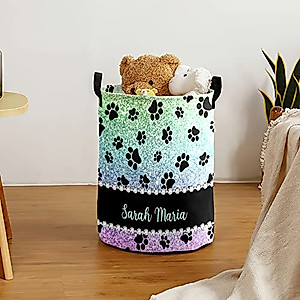 Cute Paws Footprint Rainbow Personalized Custom Laundry Basket Clothes Round Storage Handle Waterproof, Custom Foldable Large Capacity and Lightweight, For Bedroom Bathroom Decoration
