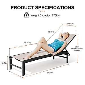 Crestlive Products Chaise Lounge Chair Outdoor Set of 2, Adjustable 5 Positions Pool Tanning Recliner, Outdoor Lounge Furniture Tanning Recliner, All Weather for Patio, Beach, Yard, Pool