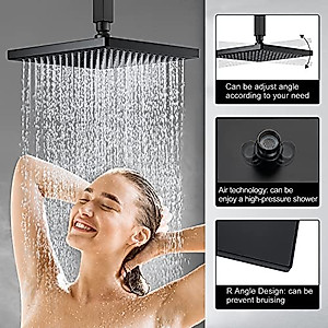 Midanya Matte Black Shower System Ceiling Mount ABS 12 Inch Rain Shower Head with 3 Functions ABS Handheld Spray Luxury High Pressure Shower Combo Set Rough-in Valve and Shower Trim