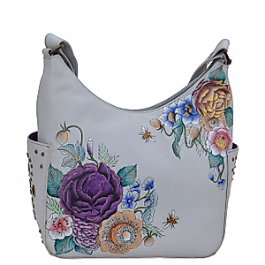 Anuschka Hand Painted Women’s Genuine Leather Classic Hobo With Studded Side Pockets - Floral Charm