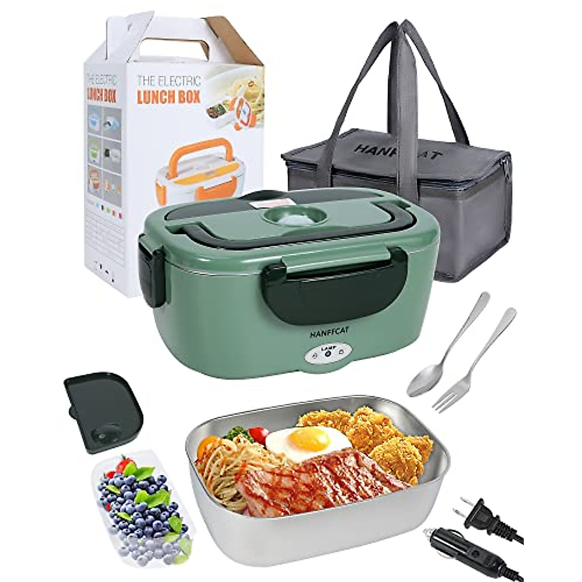 HANFFCAT Electric Lunch Box, Portable Box Food Heater Leak-Proof Sealing Ring Waterproof And For Car、Truck Work 12v 110v 55w ,Stainless Steel Container Spoon Fork、Handbag, Green (DRFH-02)