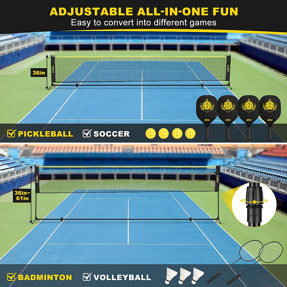 Fostoy Pickleball Set with Net, 17FT Portable Pickleball Net, 36-61in Adjusts All in one Pickleball Badminton Net Set with Pickleball Paddles and Badminton Rackets for All-Weather for Indoor Outdoor