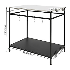 Mobile Double-Shelf Outdoor Grill Cart, Stainless Steel Dining Cart Table with Hooks and Handles, Portable Dining Table for Pizza Oven, Portable Grill Table with Storage Space