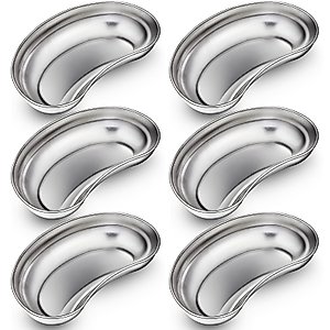 Blulu 6 Pcs Stainless Steel Kidney Tray 8'' Medium Kidney Shaped Emesis Basin Surgical Medical Tray pan Bowls Reusable Metal Kidney Dish Dental Lab Instruments Bathroom Soiled Dressings Medic Waster