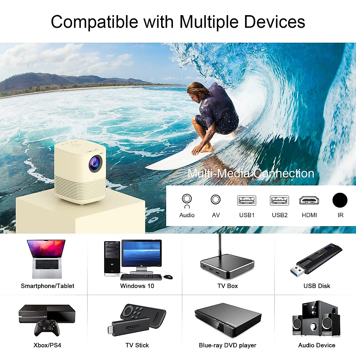 Hasatek Projector,Portable Projector, Beige,Mini Projector with WiFi and Bluetooth,Outdoor Projector 4k for Movies Night,Native 1080p HD,10W Speaker,150 Inch Picture,Home Entertainment