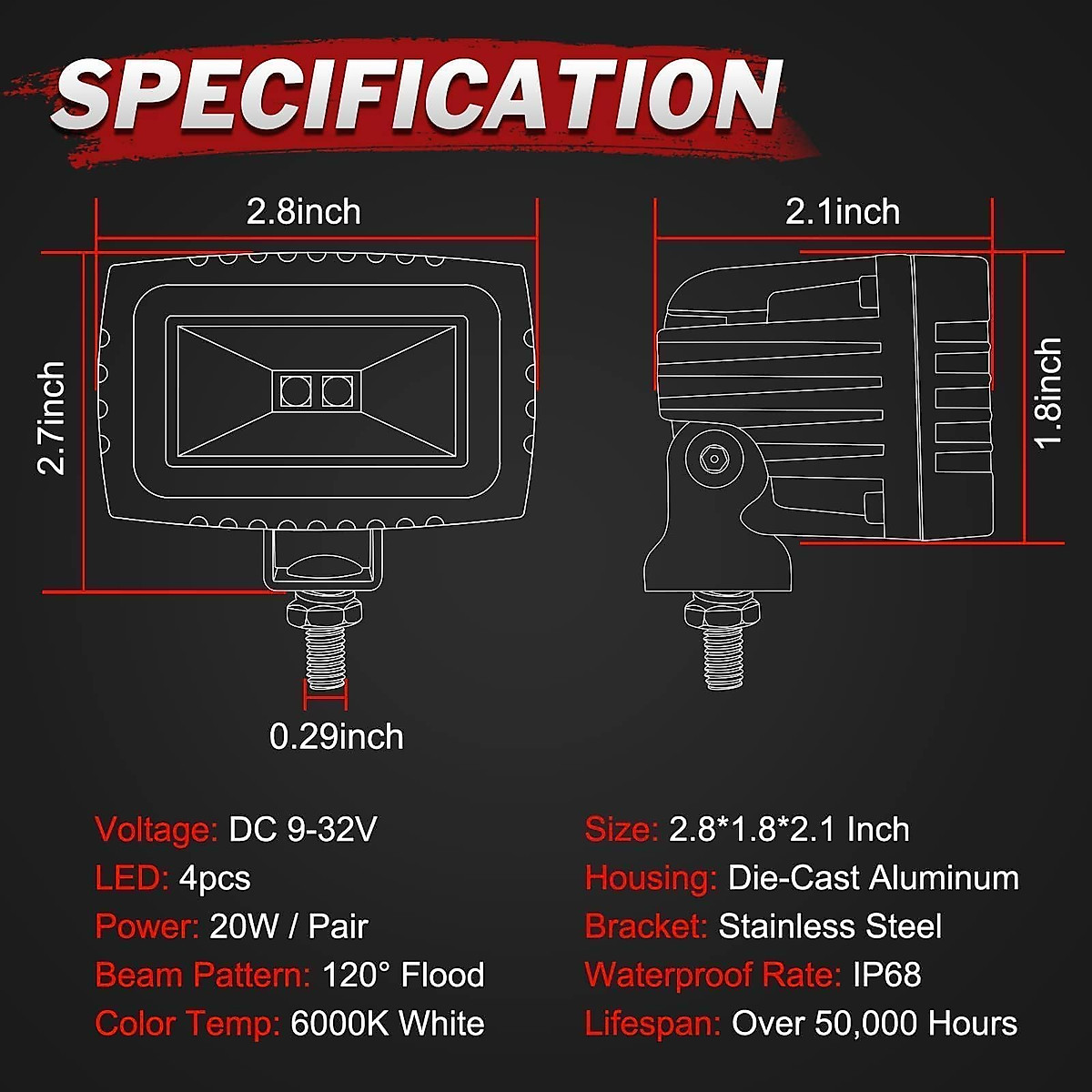 Lumimotor 3 Inch LED Pod Lights 20W Flood Beam Motorcycle Driving Lights 3x2 Mini LED Fog Lights Backup Lights Bumper Lights 2pcs for Truck Pickup UTV ATV SUV Camper Lawn Mowers