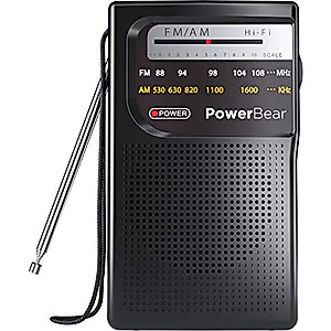 PowerBear Portable Radio | AM/FM, 2AA Battery Operated with Long Range Reception for Indoor, Outdoor & Emergency Use | Radio with Speaker & Headphone Jack (Black)