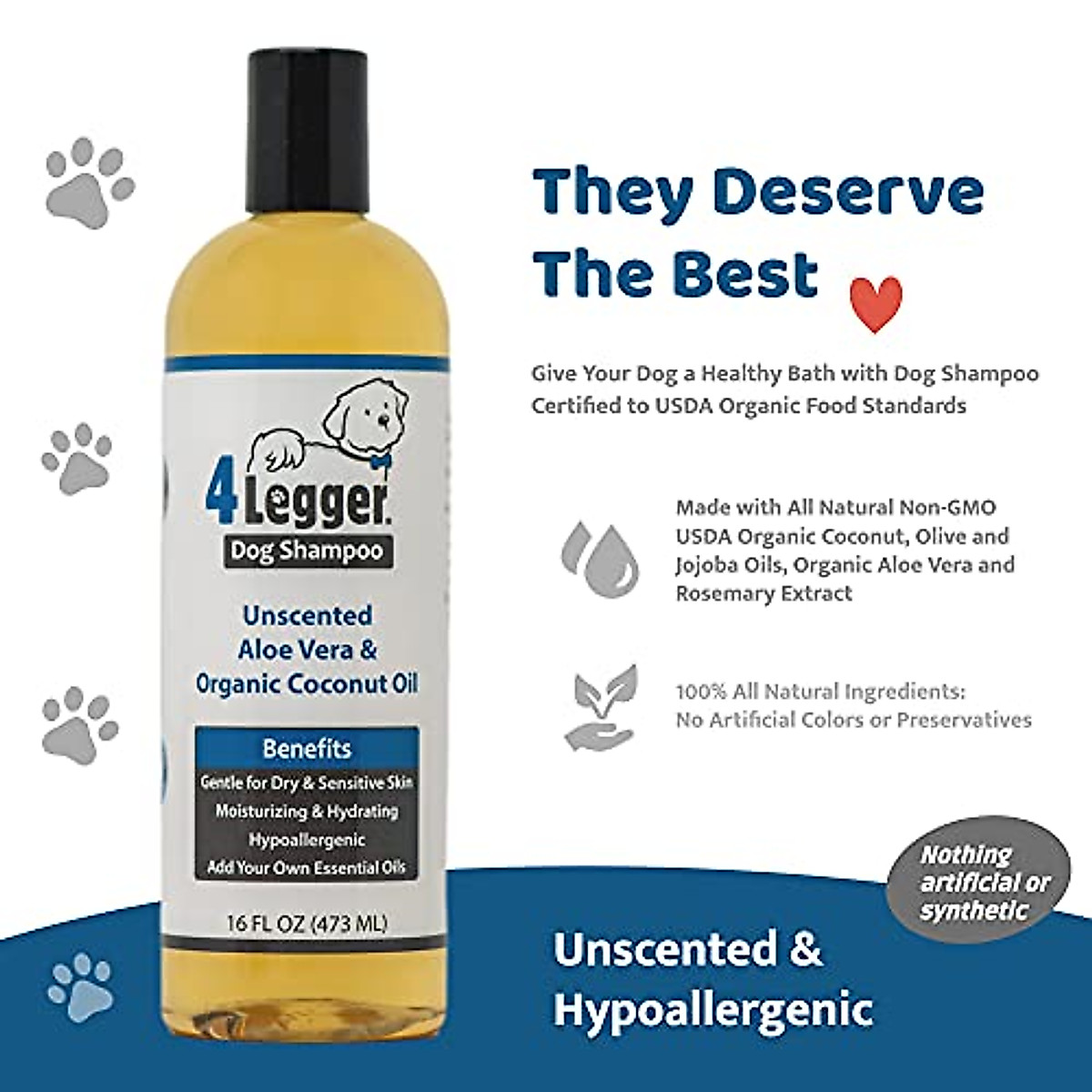 4Legger Organic Dog Shampoo USDA Certified, Hypoallergenic Dog Shampoo, Dog Coconut Shampoo, Gentle Fragrance Free Dog Shampoo with Aloe for Soothing Relief of Dry, Itchy, Sensitive Allergy Skin 16 oz