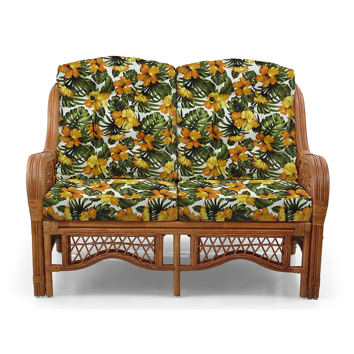 Malibu Lounge Loveseat Sofa Natural Rattan Wicker Handmade Design with Cream Cushions, Colonial Color