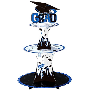 Graduation Cupcake Holder Decoration 3 Tier Congrats Grad Party Cupcake Stand Tower Cardboard Graduation Theme Dessert Stand for Graduation Party Supplies Favors (Blue and Black)